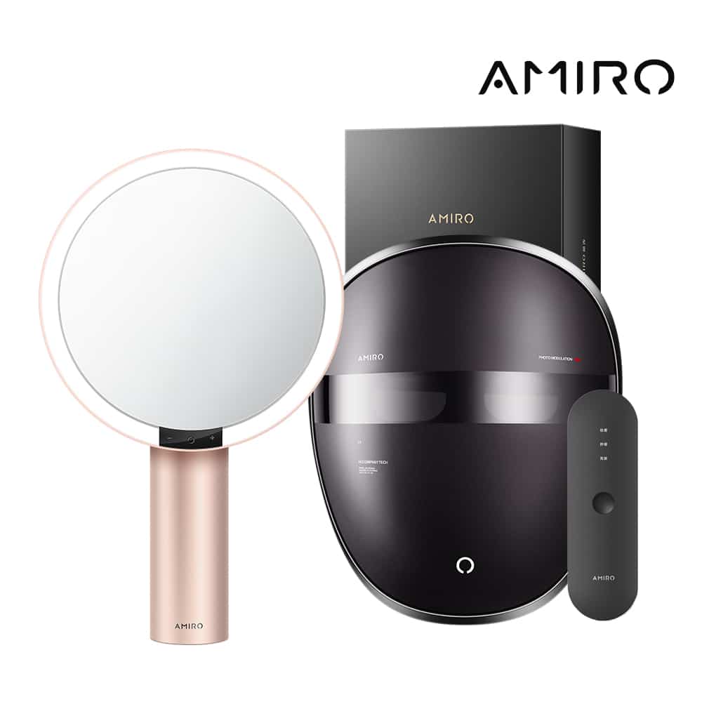 【AMIRO】嫩膚時光面罩 +【AMIRO】 Oath自動感光LED化妝鏡-綺夢花園禮盒-薄霧粉